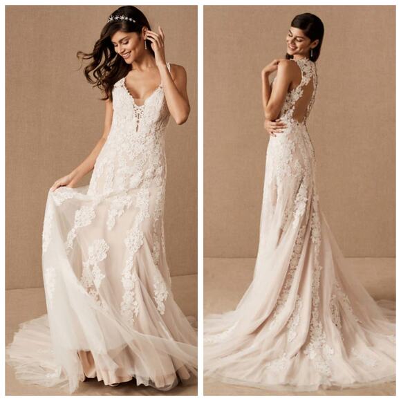 BHLDN | Dresses | Bhldn Lace Monarch Wedding Dress Gown Trumpet V Neck ...